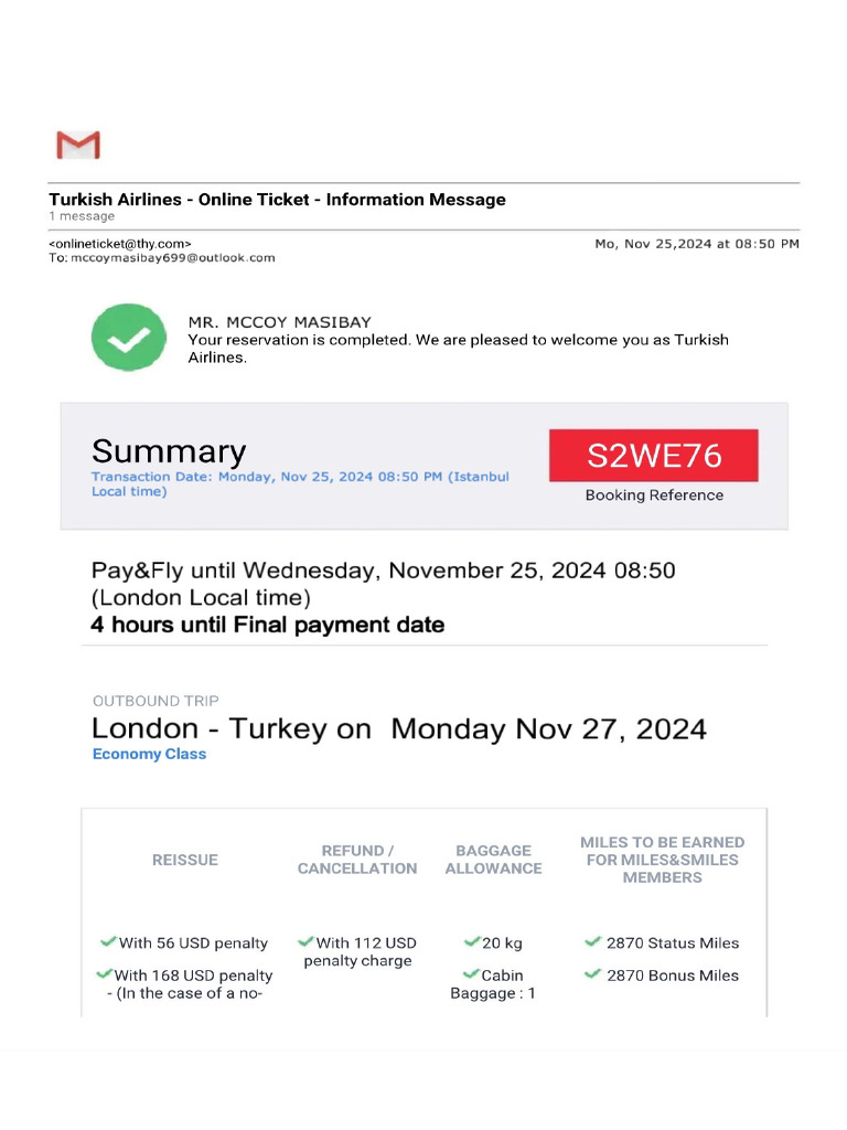 Turkish Flight Ticket Confirmation | PDF