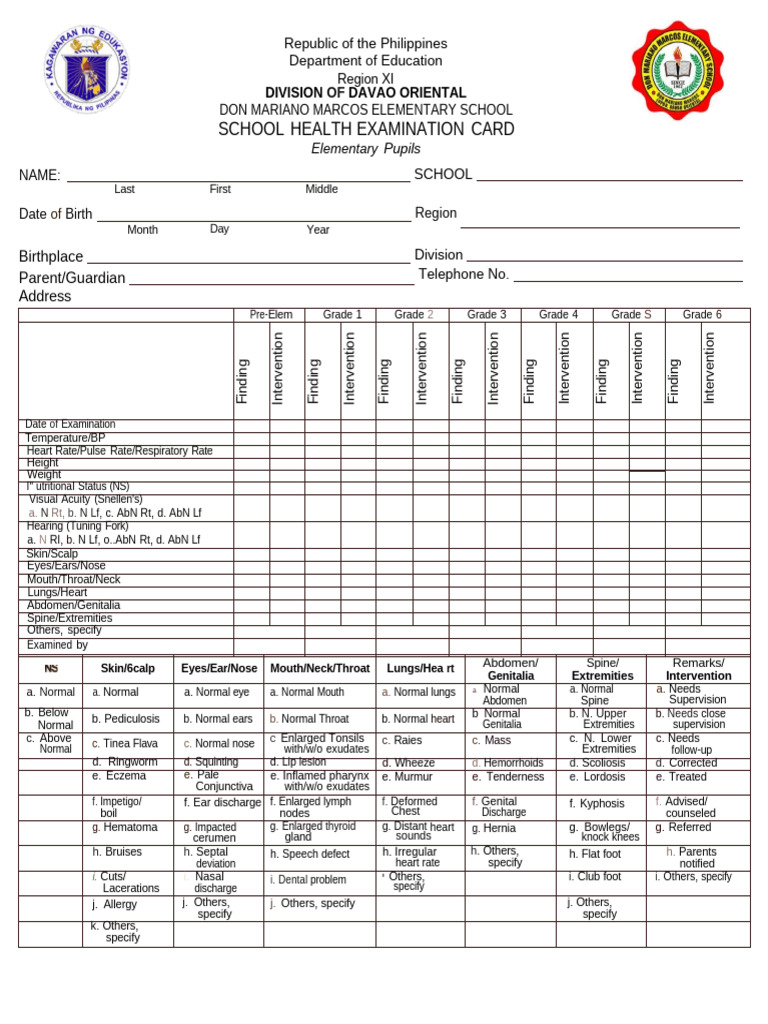 School Health Examination Card For Elementary | PDF | Dentistry ...