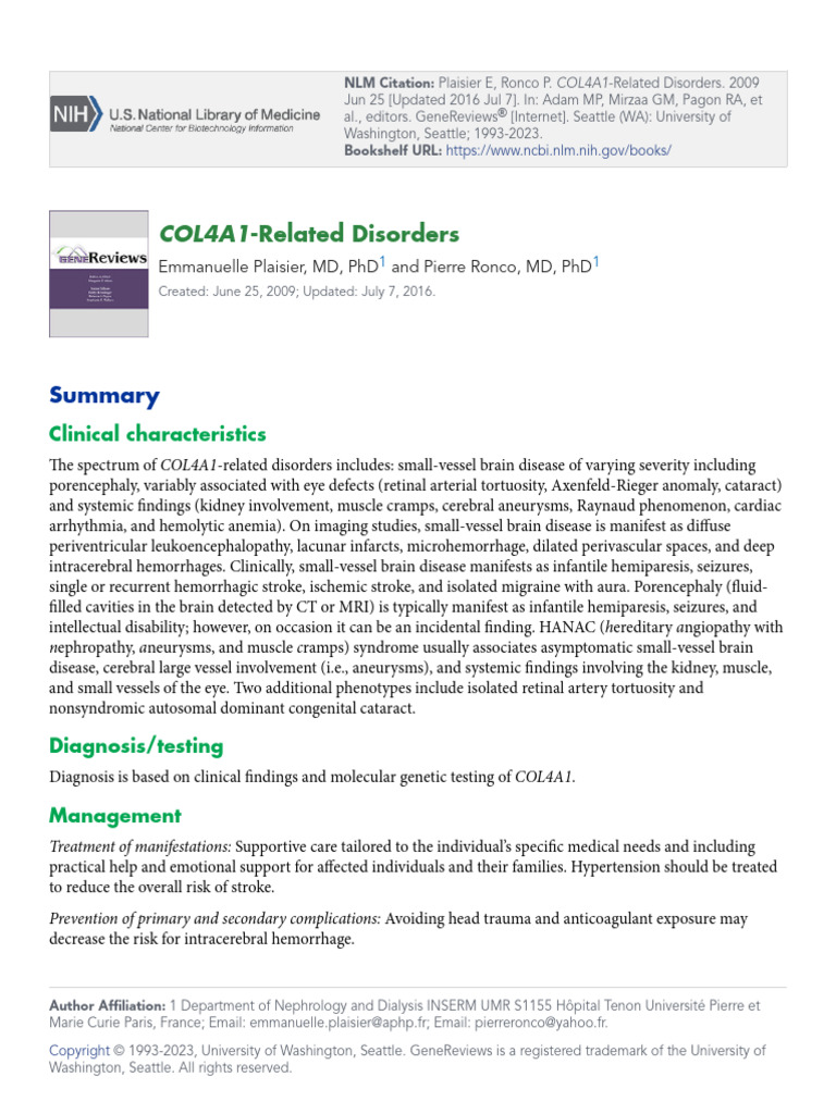 COL4A1-Related Disorders | PDF | Stroke | Medical Specialties