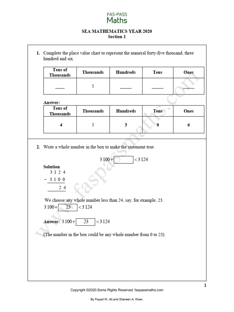 SEA 2020 Mathematics Exam Solutions | PDF | Mathematics | Numbers
