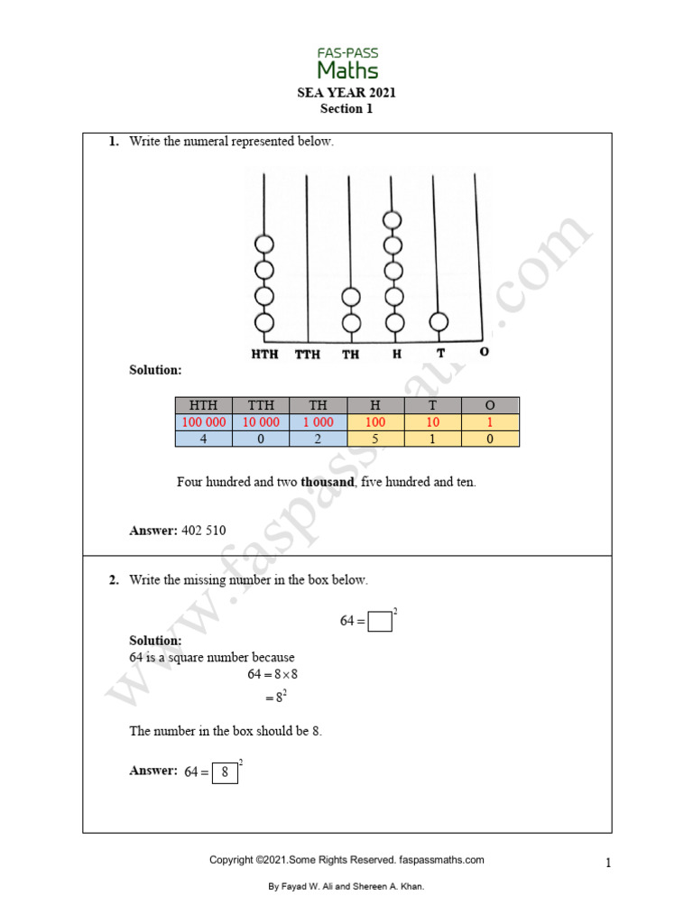 SEA Maths 2021 Past Paper Solutions | PDF
