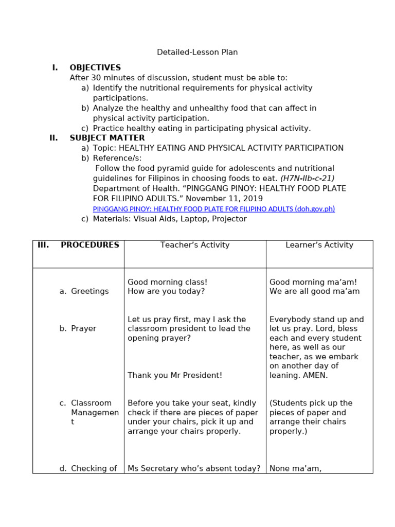 Nutrition and Physical Activity Lesson Plan | PDF | Foods | Diet ...