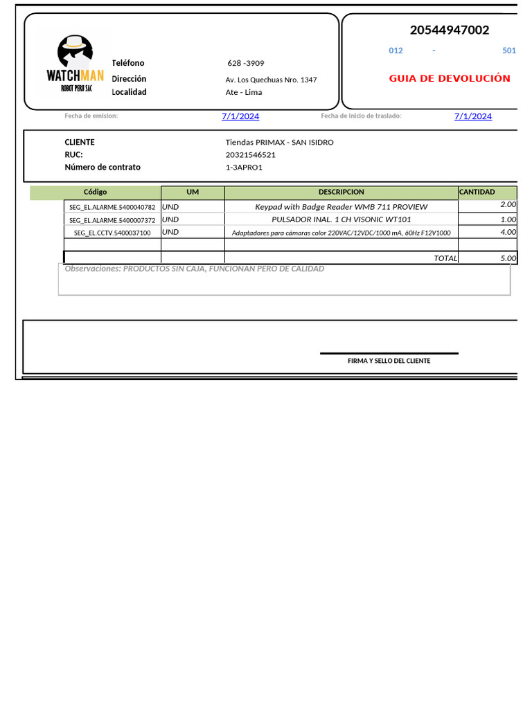 Guia de Devolución Cliente Primax | PDF