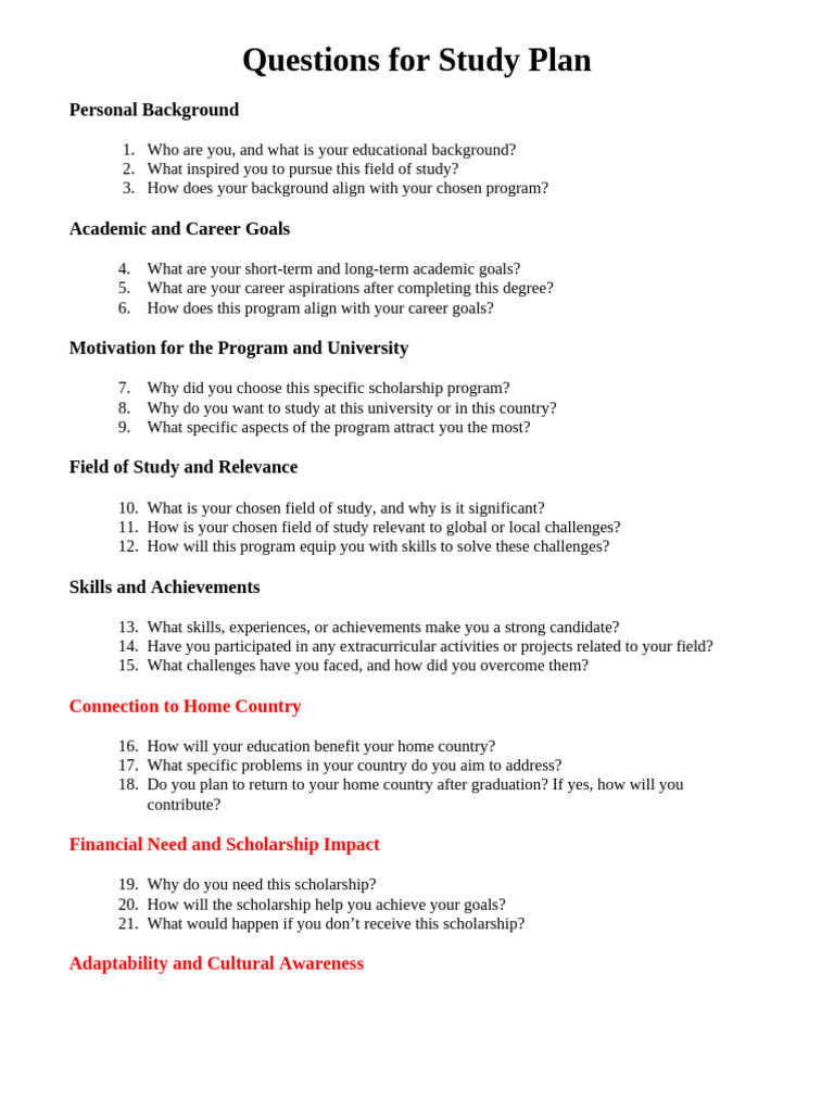 Questions For Study Plan | PDF | Goal | Learning