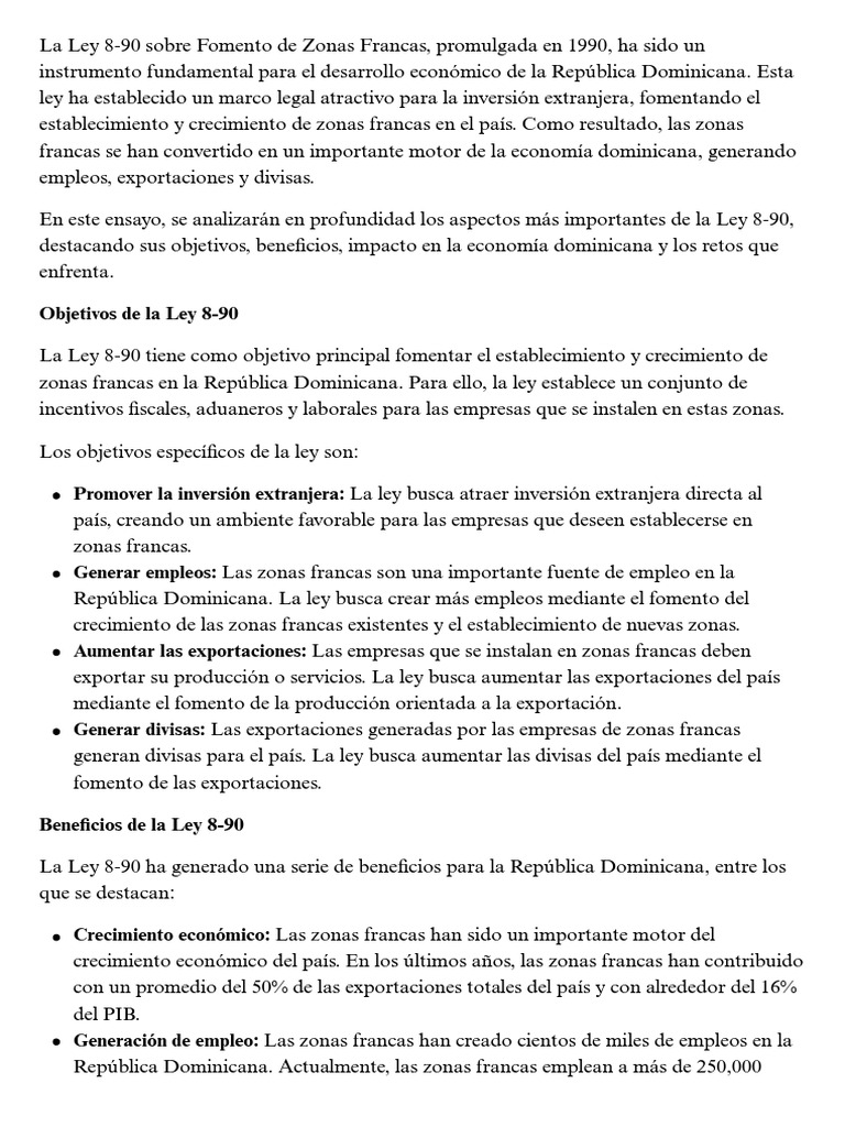 Aspectos Más Importantes de La Ley 8-90 Sobre Fomento de Zonas Francas ...
