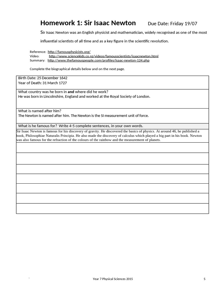 Year 7 Physical Sciences Sir Isaac Newton Research Task | PDF | Isaac ...
