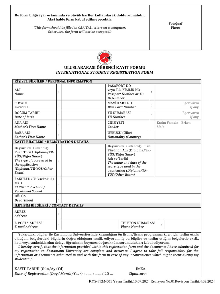 KYS-FRM-501 Yabanci Uyruklu Ogrenci Kayit Formu | PDF