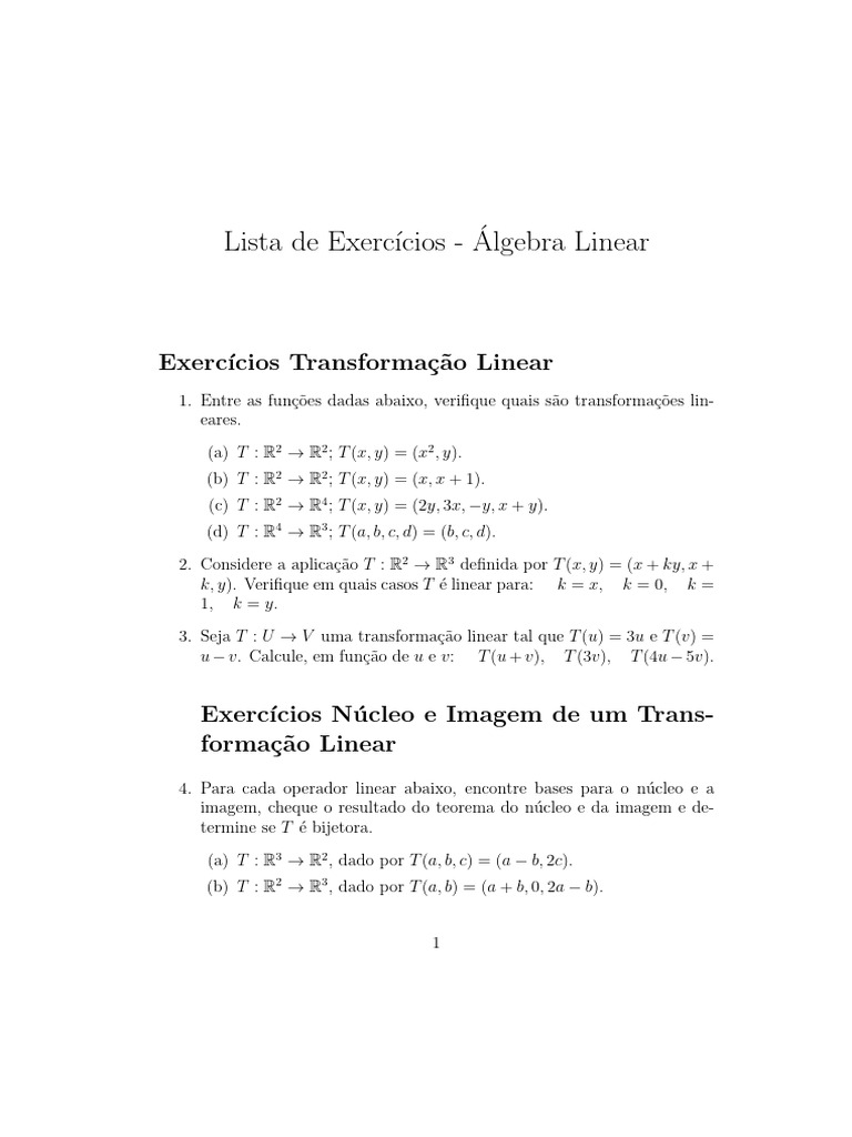 Lista de Algebra Linear Ultima Avaliacao | PDF | Mapa linear | Álgebra