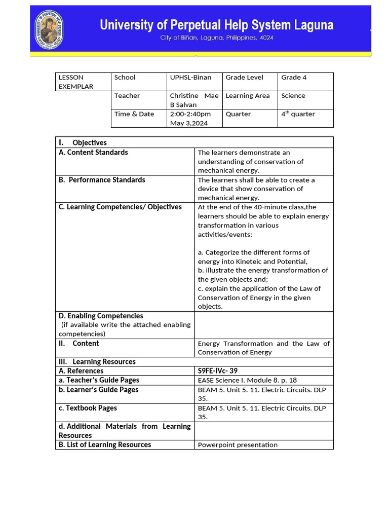 Science Lesson Plan Exemplar-Finals | PDF | Kinetic Energy | Nature