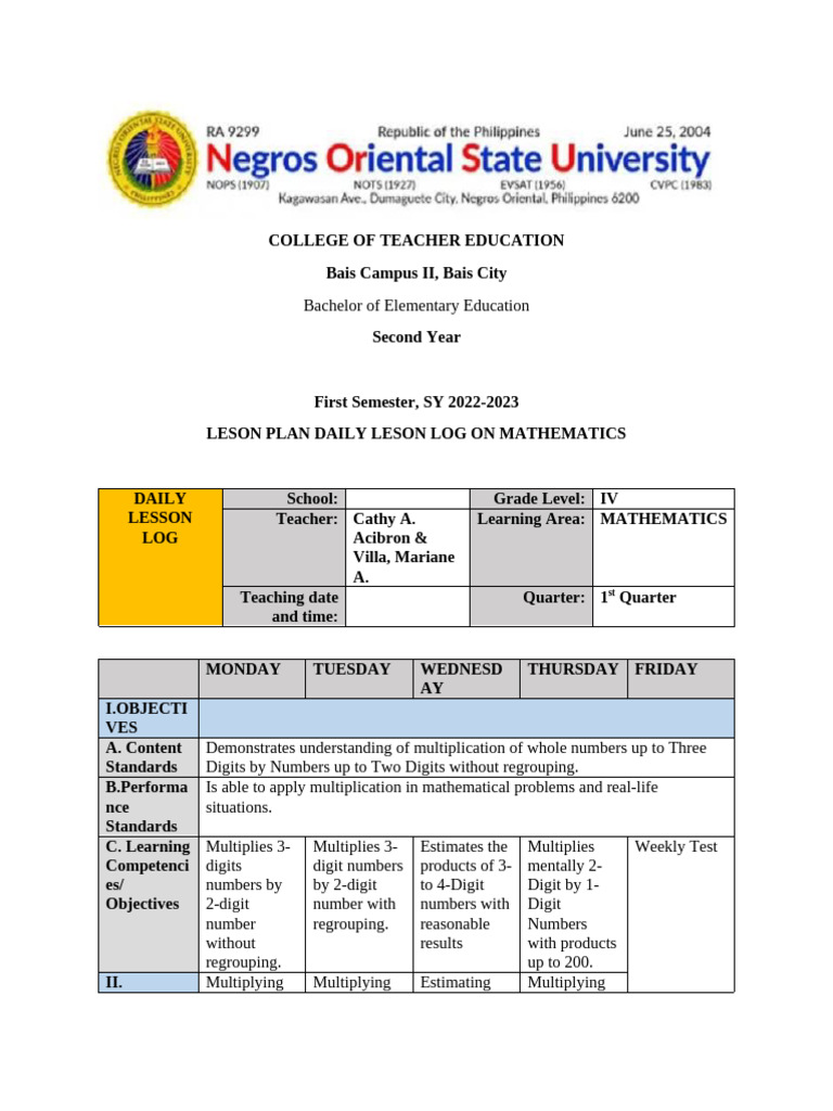 Daily Lesson Log Mathematics 4 | PDF | Multiplication | Lesson Plan