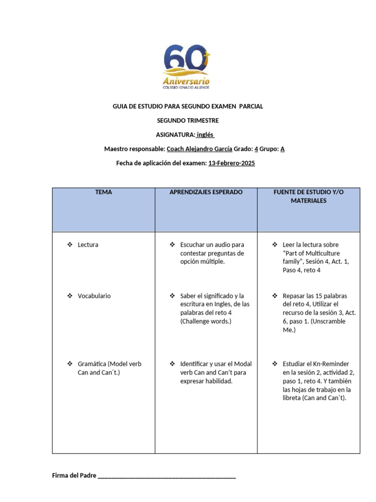 Guia de Estudio para Segundo Examen Parcial 4th | PDF