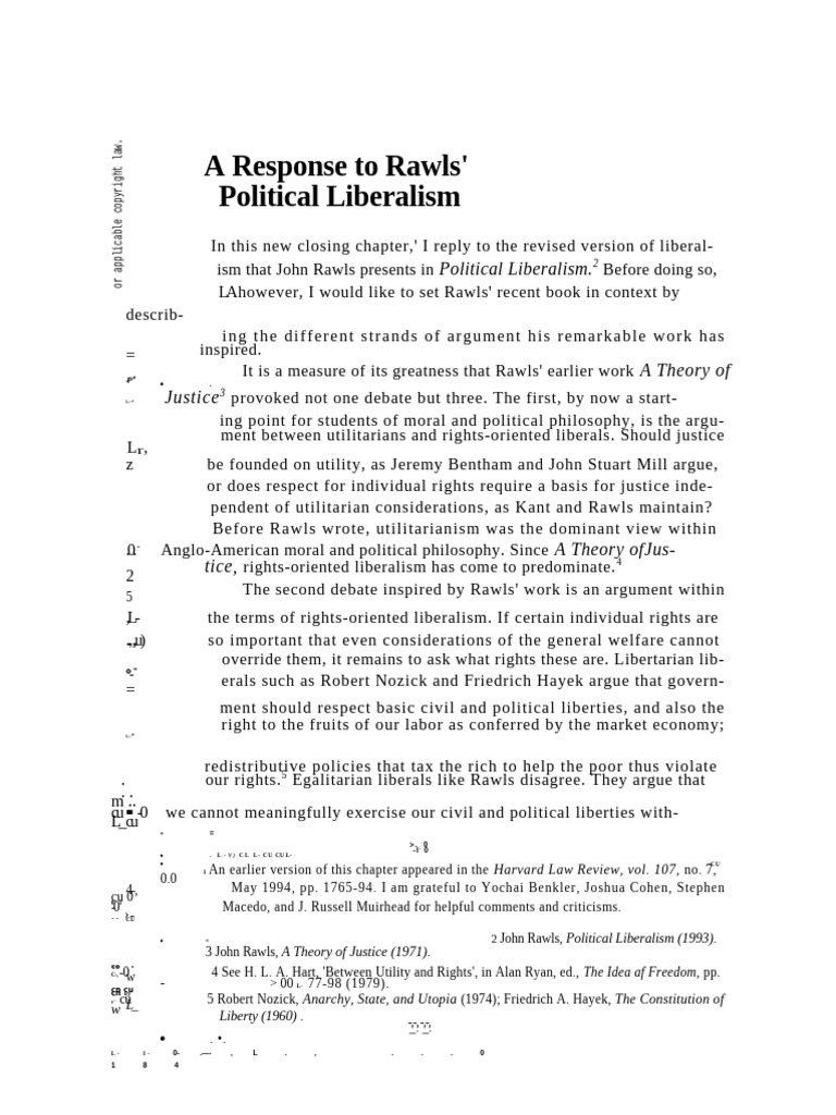 Sandel A Response To Rawls Political Liberalism | PDF | John Rawls | Liberalism