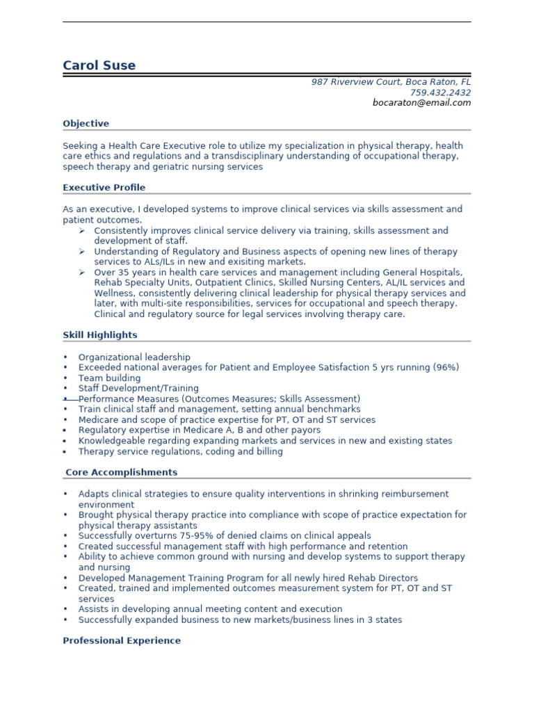 Sample Resume (Carol) | PDF | Physical Therapy | Physical Medicine And ...