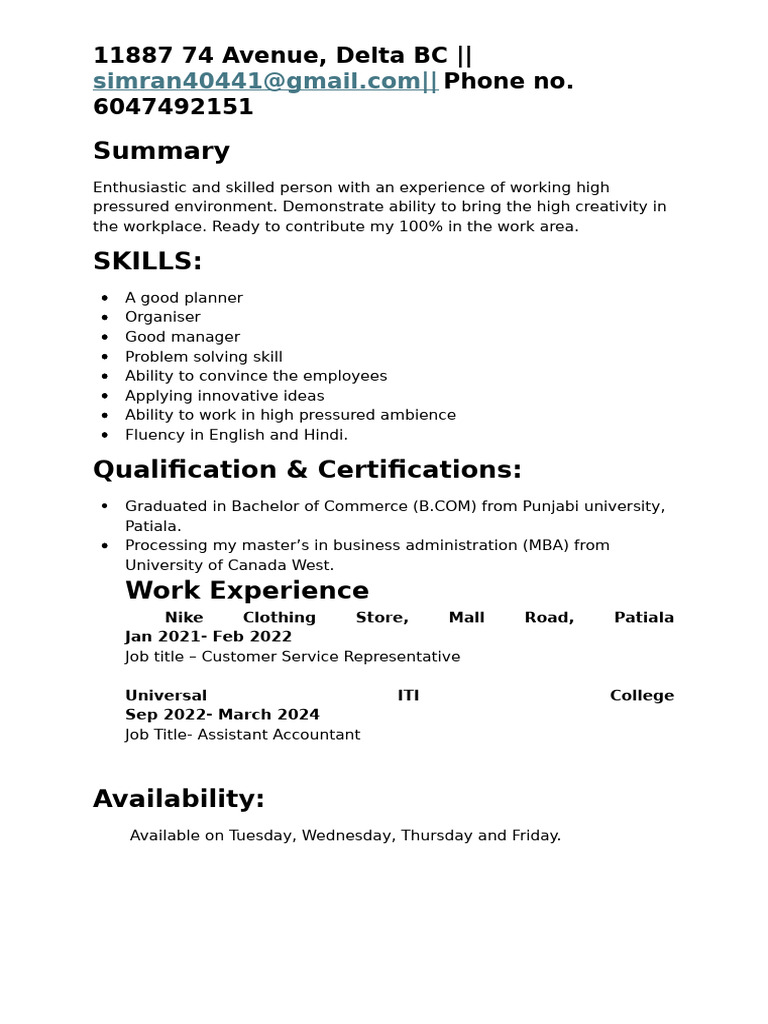 Simran Resume 22 | PDF