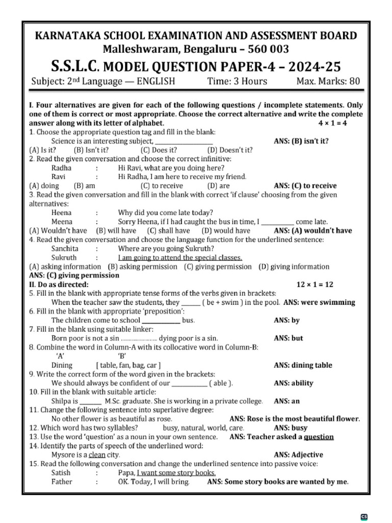 Sslc English Mp 4 Key Answer | PDF
