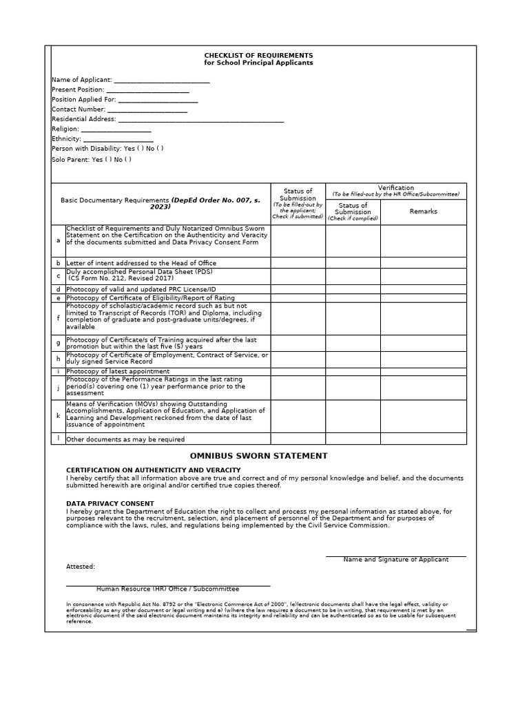Checklist of Requirements Cum Omnibus Sworn Statement | PDF ...
