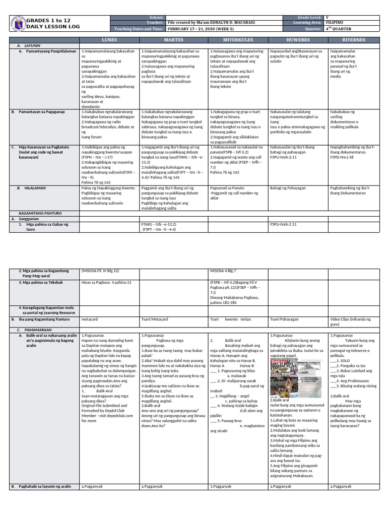 DLL_FILIPINO 5_Q4_W5 | PDF