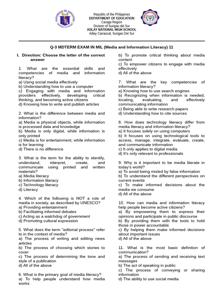 Media and Information Literacy Exam | PDF | Information Literacy ...