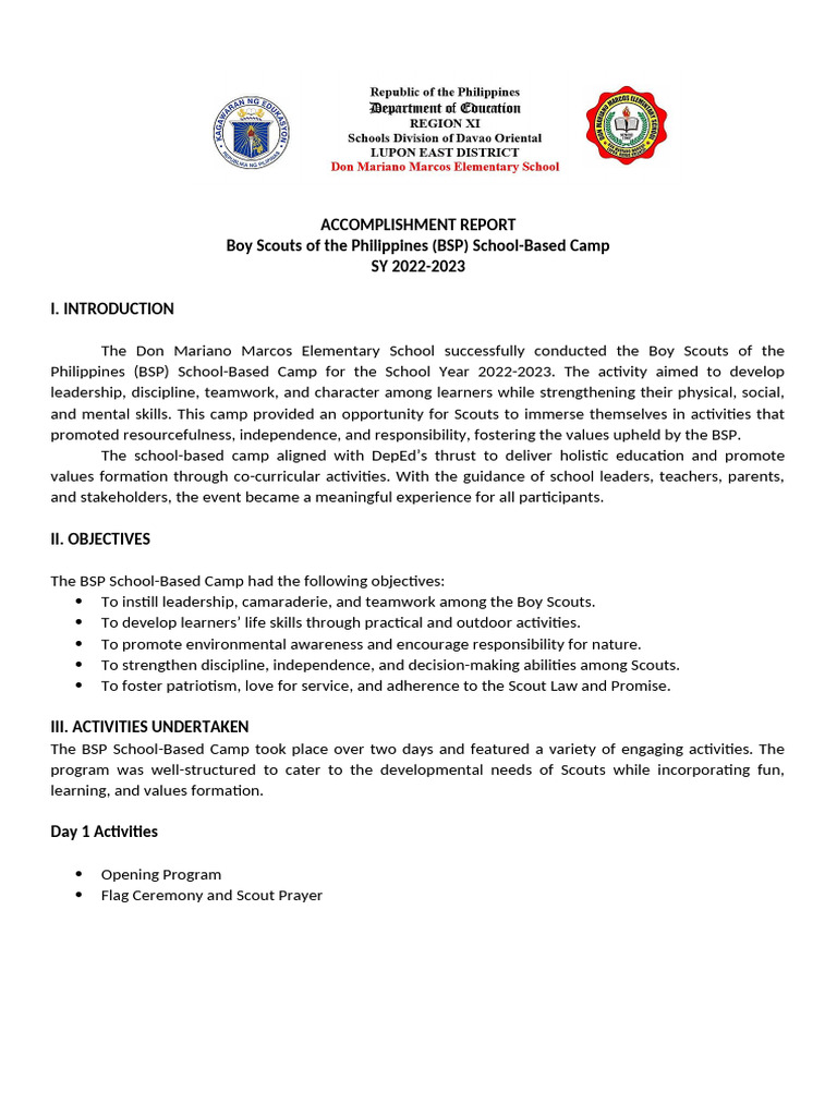 BSP Accomplishment - DMMES | PDF | Scouting | Boy Scouts Of America