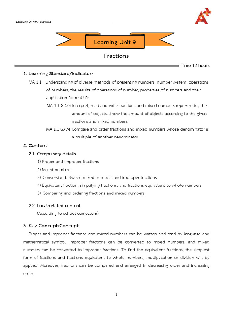 Learning Unit 9 Fractions | PDF | Learning | Cognition