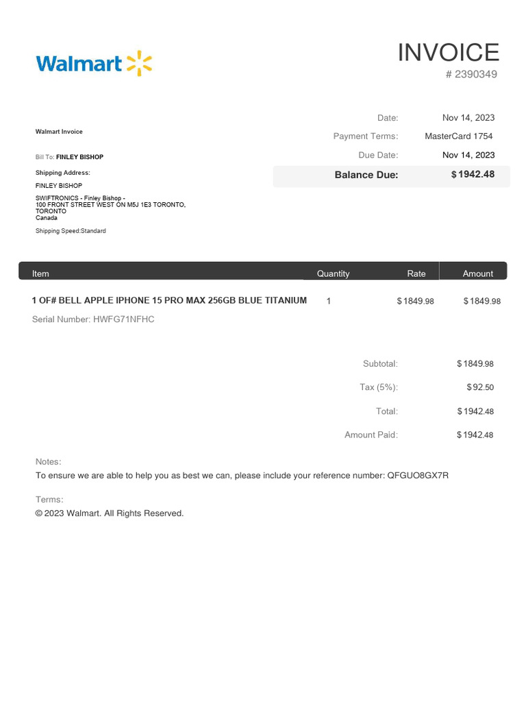 Walmart Invoice for iPhone 15 Purchase | PDF