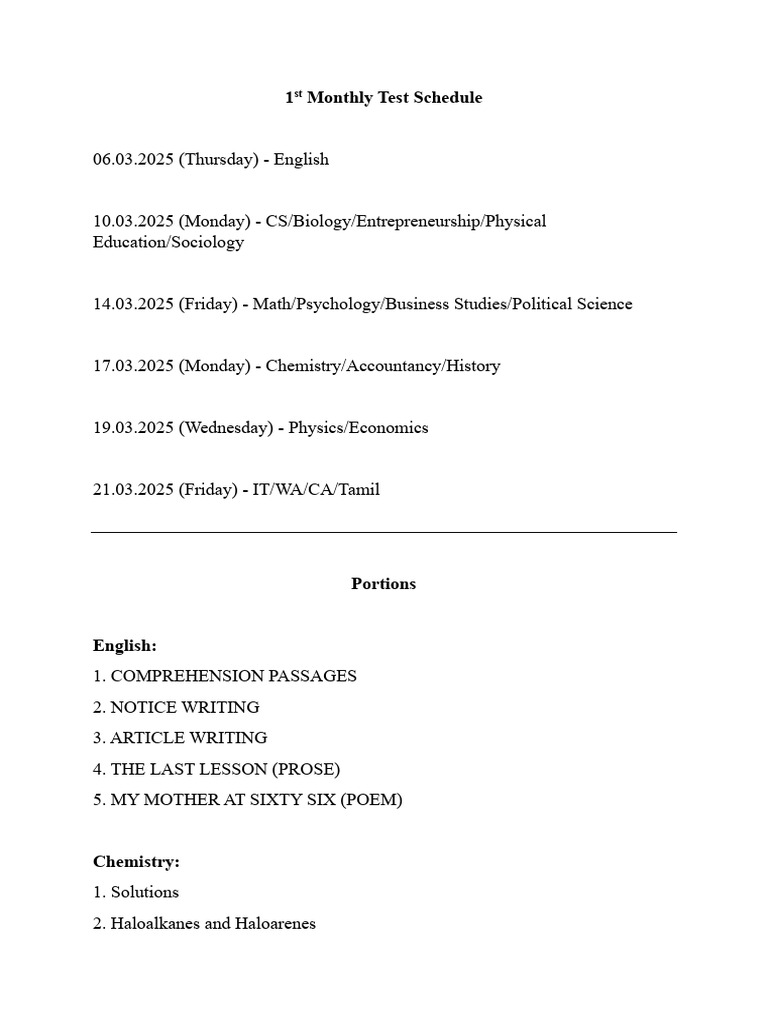 March 2025 Monthly Test Schedule | PDF