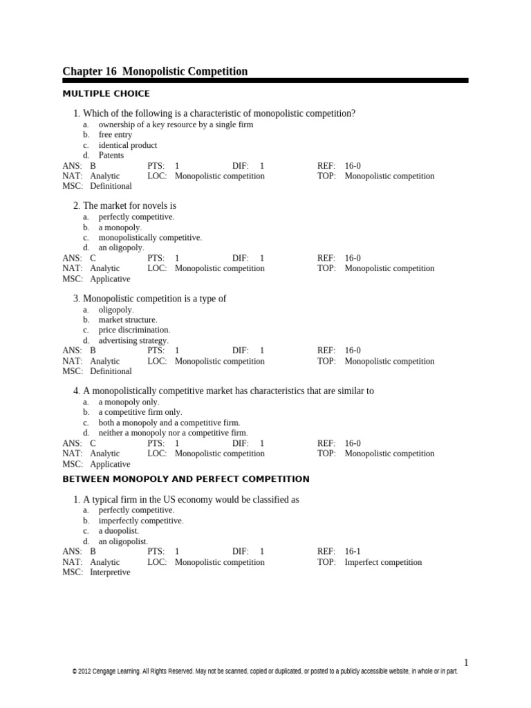 Chapter 16 Test Bank - Final | PDF | Imperfect Competition | Monopoly