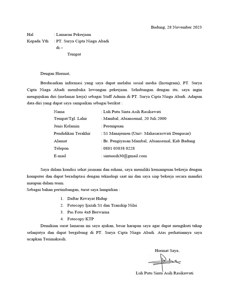 Lamaran Staff Admin PT Surya Cipta Niaga | PDF