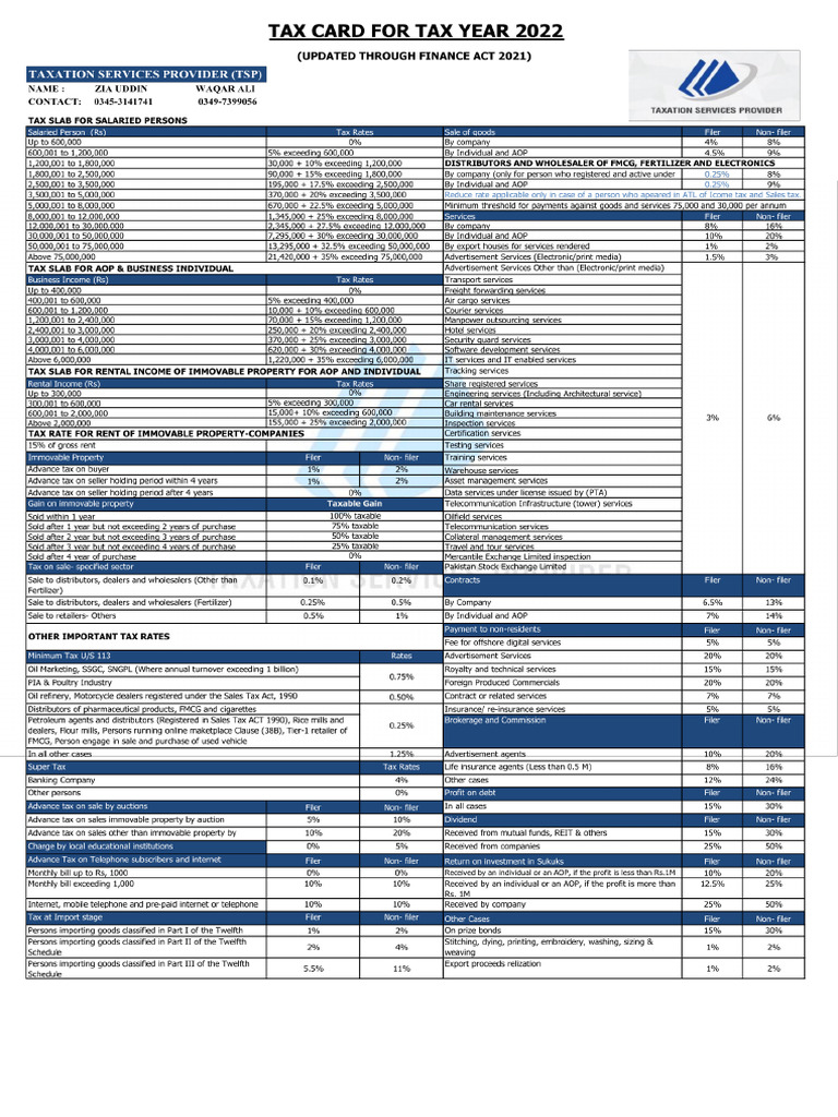 Tax Card For Tax Year 2022 (TSP) | PDF