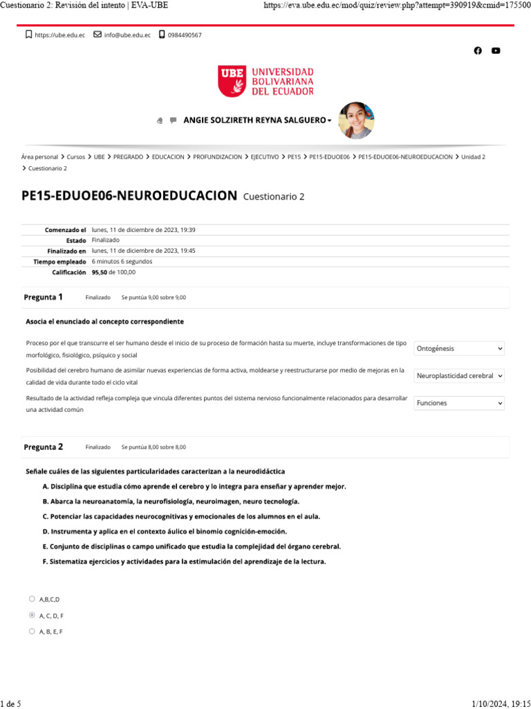Cuestionario 2 - Revisión Del Intento - EVA-UBE | PDF | Cerebro ...