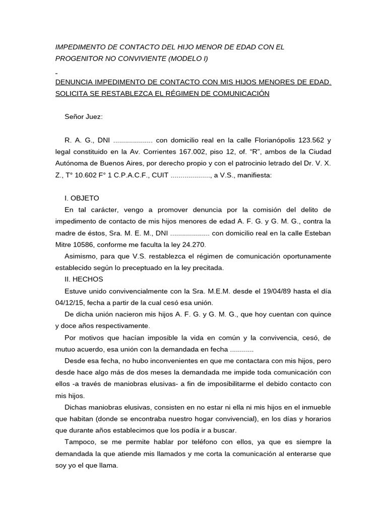 Impedimento de Contacto Del Hijo Menor de Edad Con El Progenitor No ...