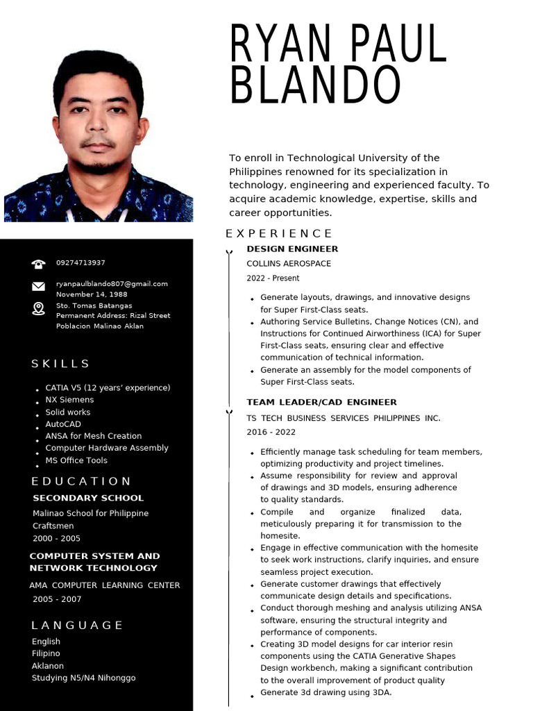 Ryan Paul Blando: Design Engineer CV | PDF | Computer Aided Design ...