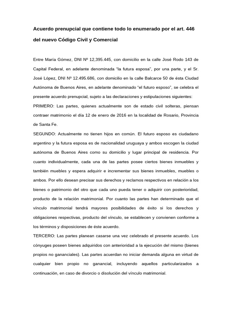 Acuerdo Prenupcial Que Contiene Todo Lo Enumerado Por El Art | PDF ...