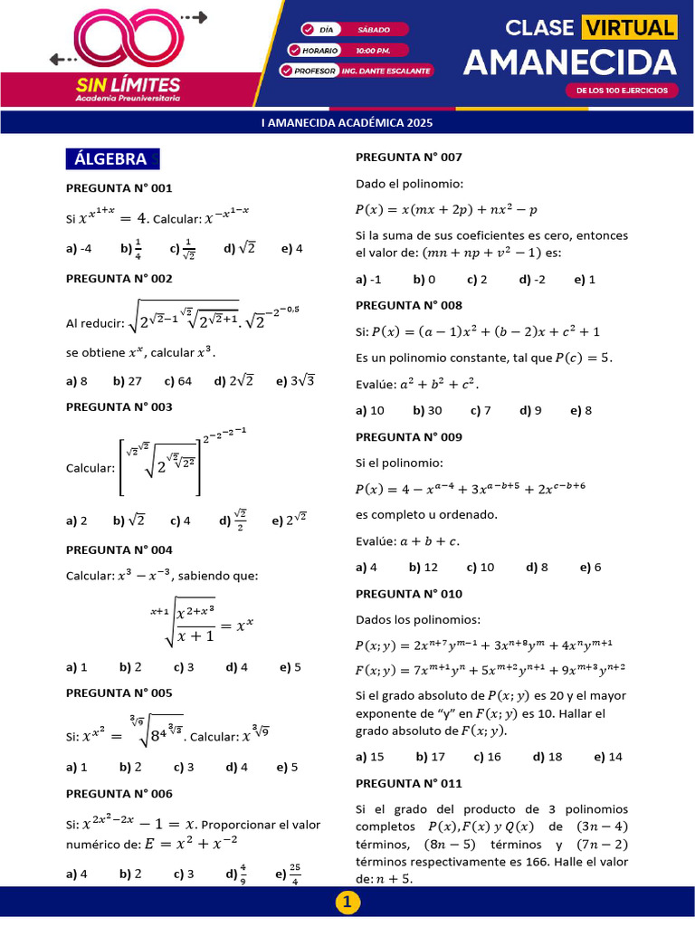 Preguntas de Álgebra y Aritmética 2025 | PDF | División (Matemáticas ...