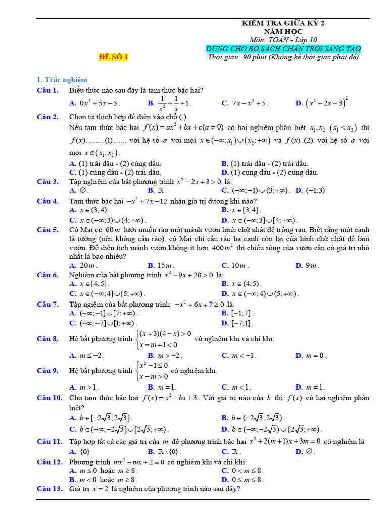 10 de Kiem Tra Giua Hoc Ky 2 Toan 10 Chan Troi Sang Tao Co Dap An Va Loi Giai | PDF