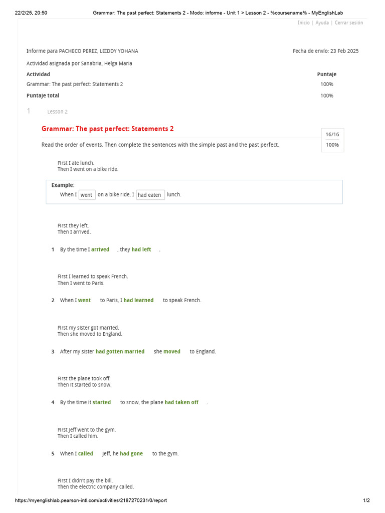 Grammar - The Past Perfect - Statements 2 - Modo - Informe - Unit 1 - Lesson 2 - MyEnglishLab ...
