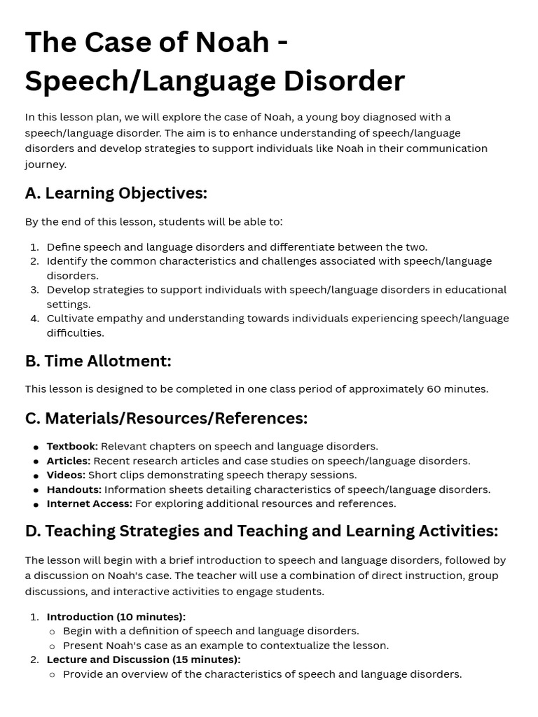 Understanding Speech Disorders: Noah's Case | PDF | Speech | Lesson Plan