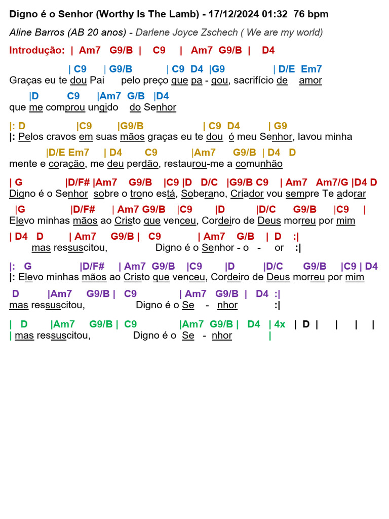 Digno É o Senhor (Worthy Is The Lamb) - Aline Barros (AB 20 Anos) | PDF