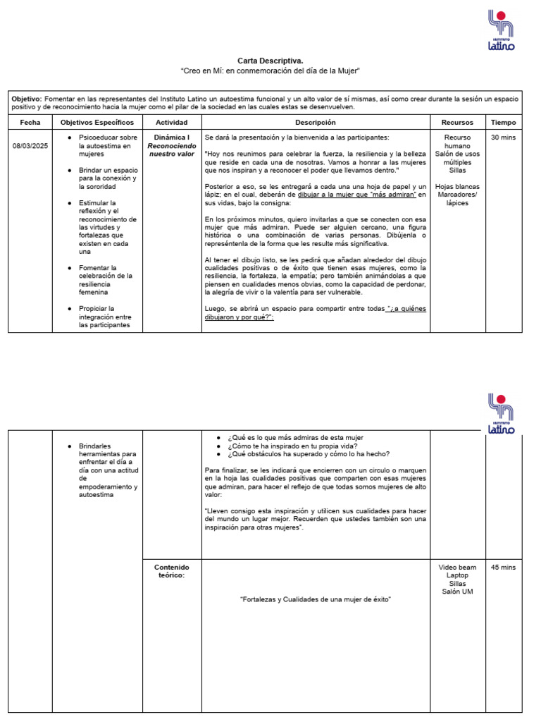 Carta descriptiva taller 8M | PDF