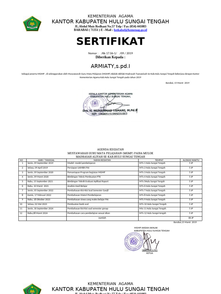 Sertifikat MGMP Kemenag 2019 | PDF