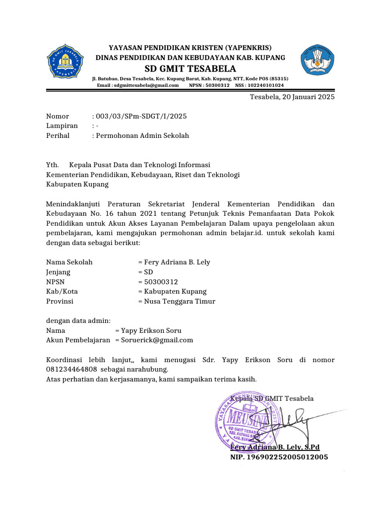 03 surat permohonan pembuatan akun belajar yapy-20 JANUARI 2025 | PDF