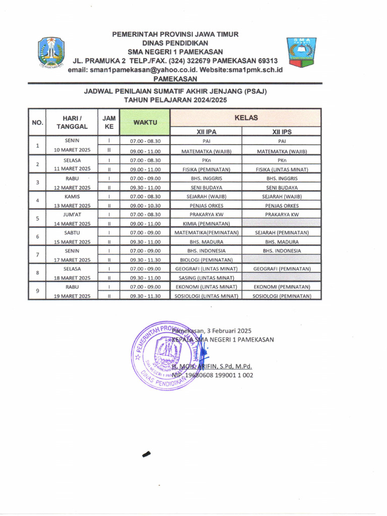JADWAL PSAJ 2025 SMAN 1 Pamekasan | PDF