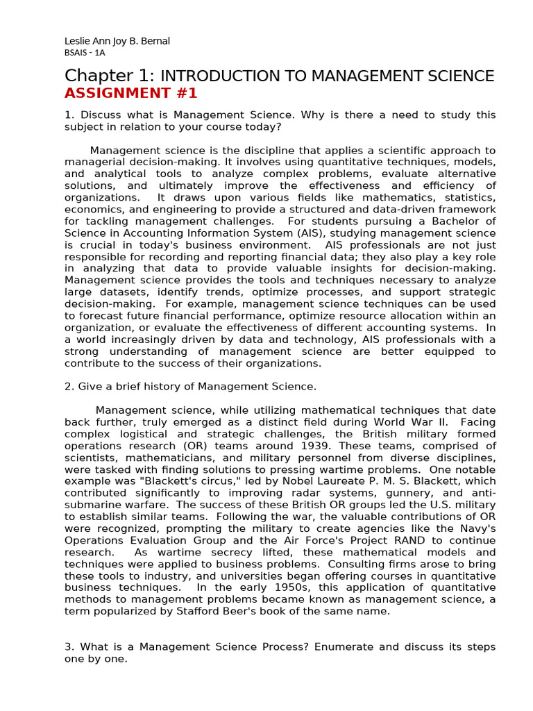 Assignment 1 Intro To Management Science | PDF | Science | Mathematical Optimization