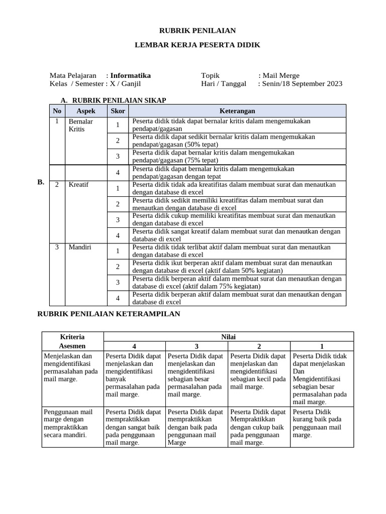 Rubrik Penilaian LKPD (PROYEK) | PDF