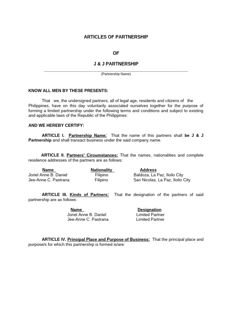 Articles of Partnership Sample | PDF | Partnership | Bankruptcy