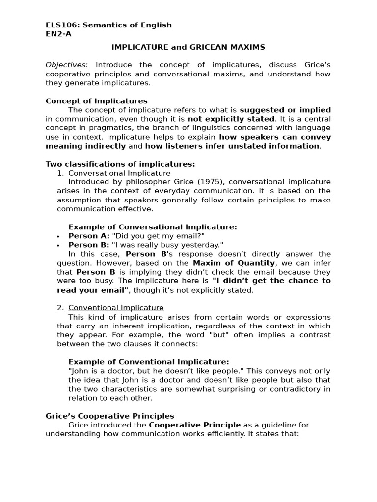 Implicature and Gricean Maxims-handout | PDF | Human Communication | Linguistics