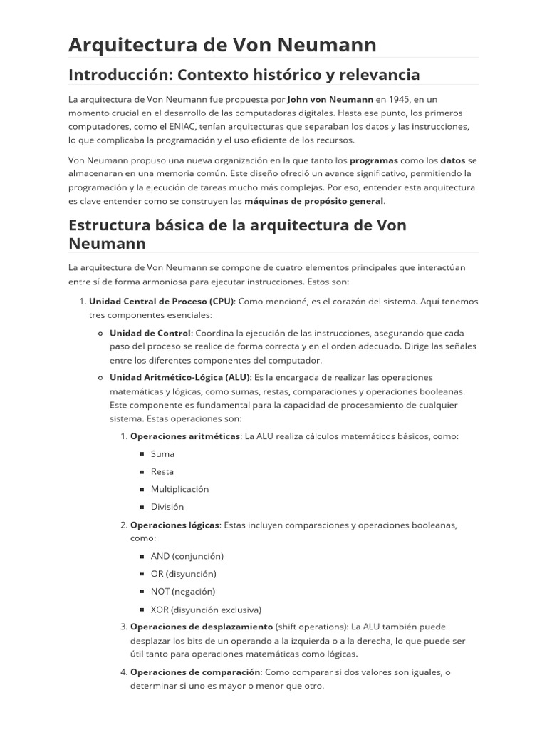 Arquitectura de Von Neumann: Fundamentos y Funcionamiento | PDF ...
