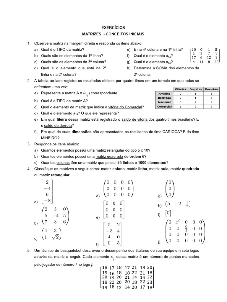 Exercícios - Matrizes (Conceitos Iniciais) | PDF | Matriz (Matemática ...