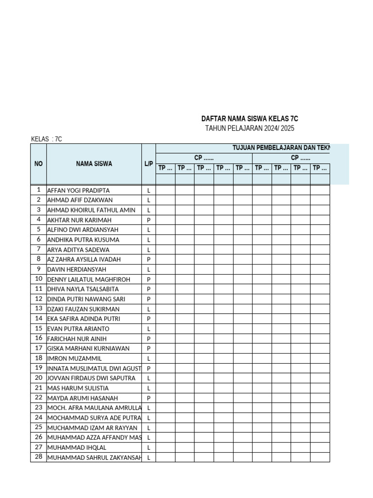 Daftar Siswa Kelas 7C Tahun 2024/2025 | PDF