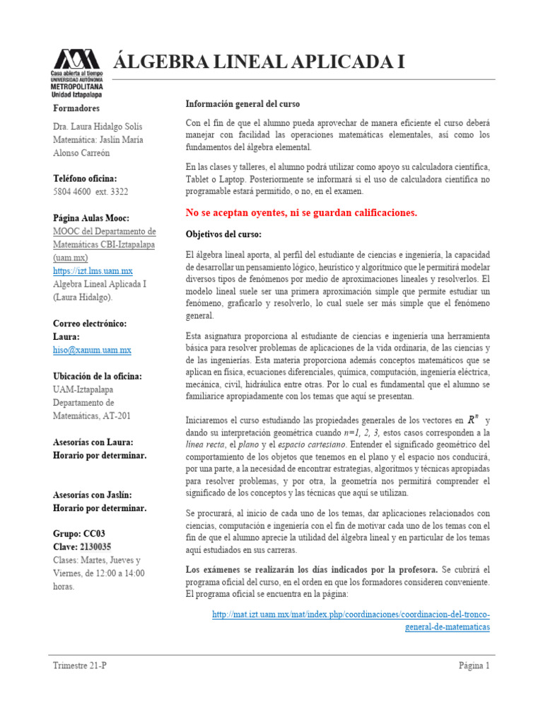 Álgebra Lineal Aplicada I - Laura Hidalgo | PDF
